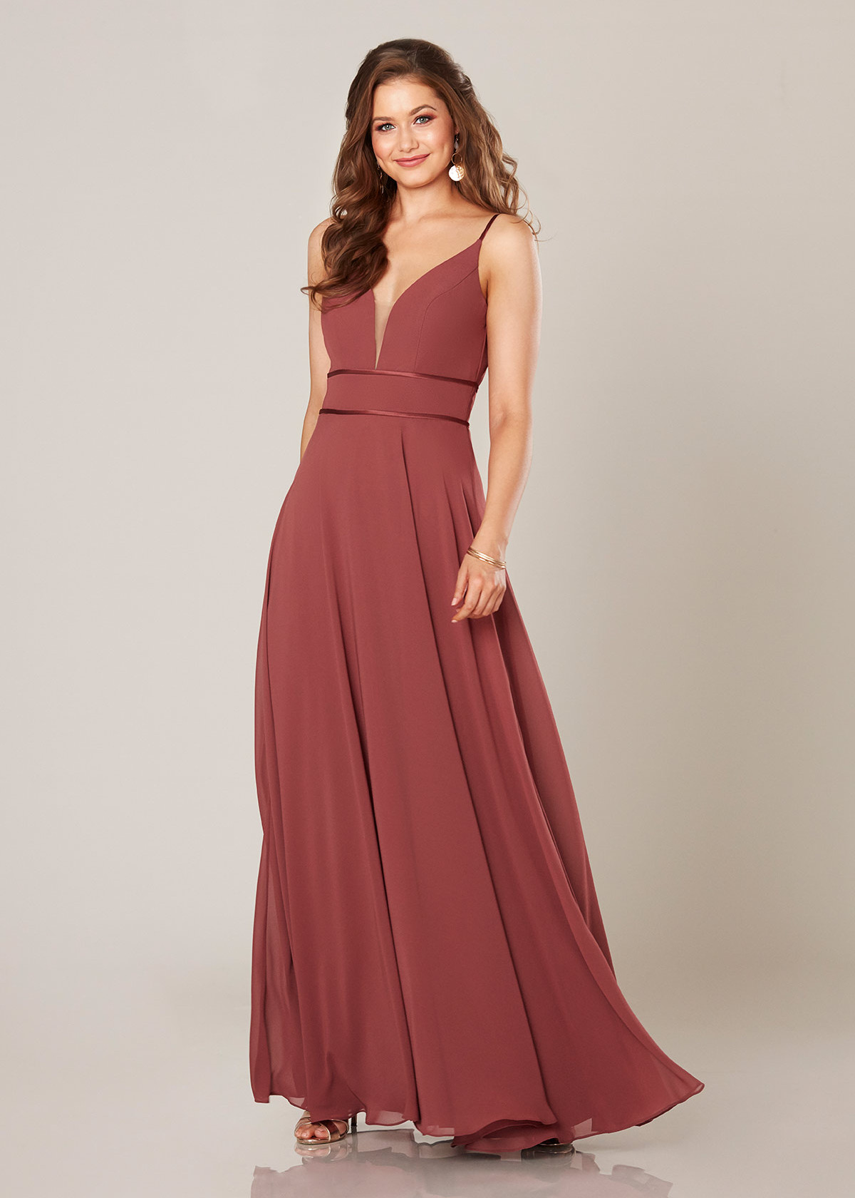 A Line Spaghetti Straps Sangria Chiffon V Back Bridesmaid Dress